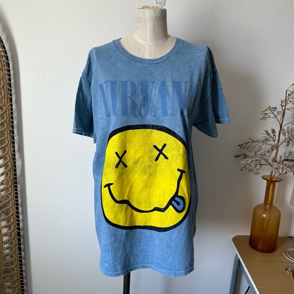 NIRVANA | Tops | Nirvana Blue Acid Wash Logo Smile Graphic Tee | Poshmark